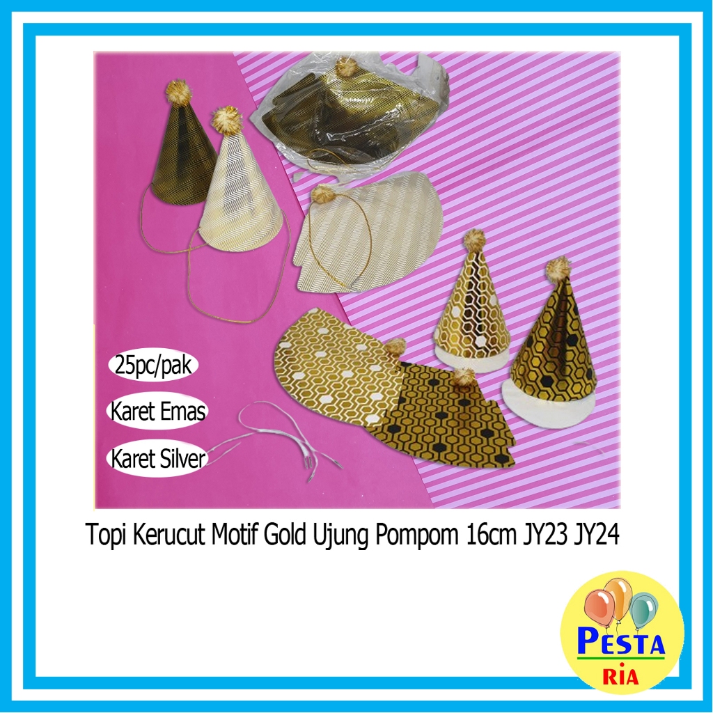Jual Murah!! (1Pcs) Topi Kerucut Gold Pompom Ultah, topi kerucut hbd ...