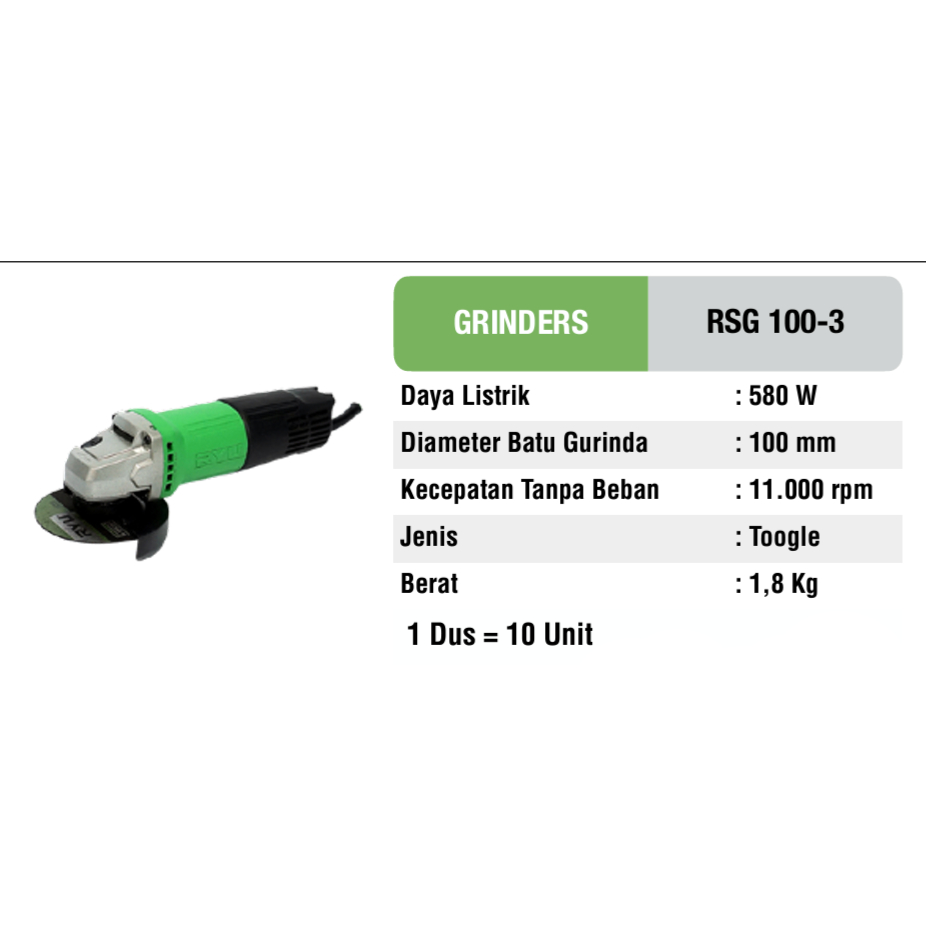 Jual Mesin gerinda tangan listrik RYU angle grinder 4" 580 W RSG100-3 ...