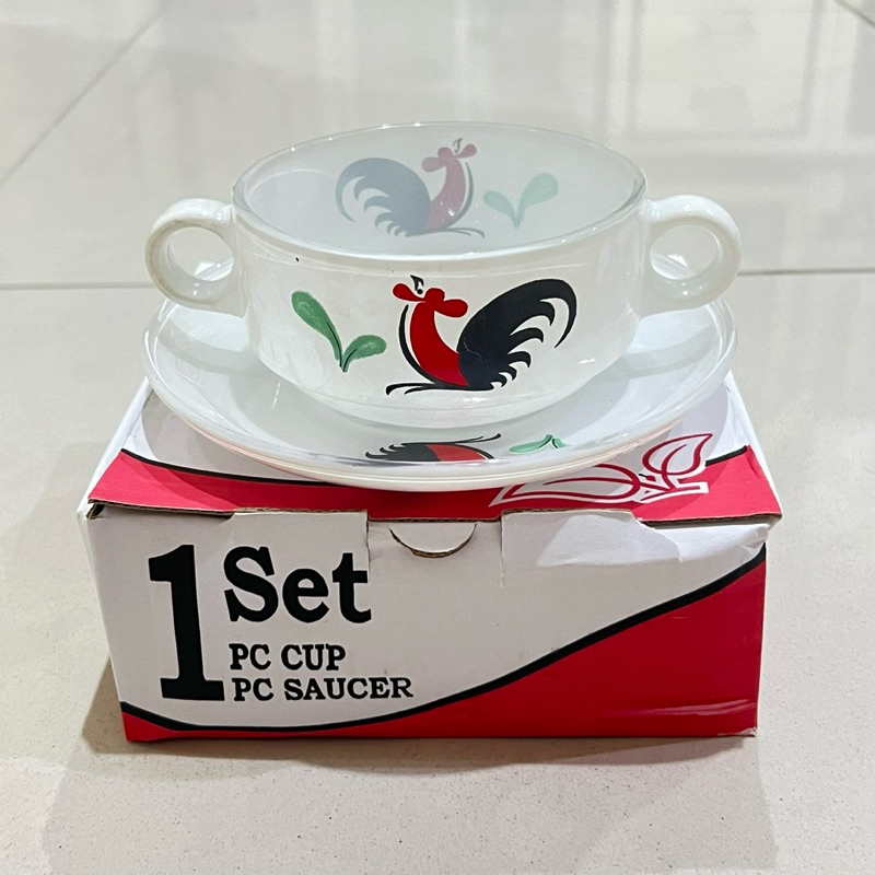 Jual satu set cup and soucer kukuruyuk mangkok kuping + piring kaca ...