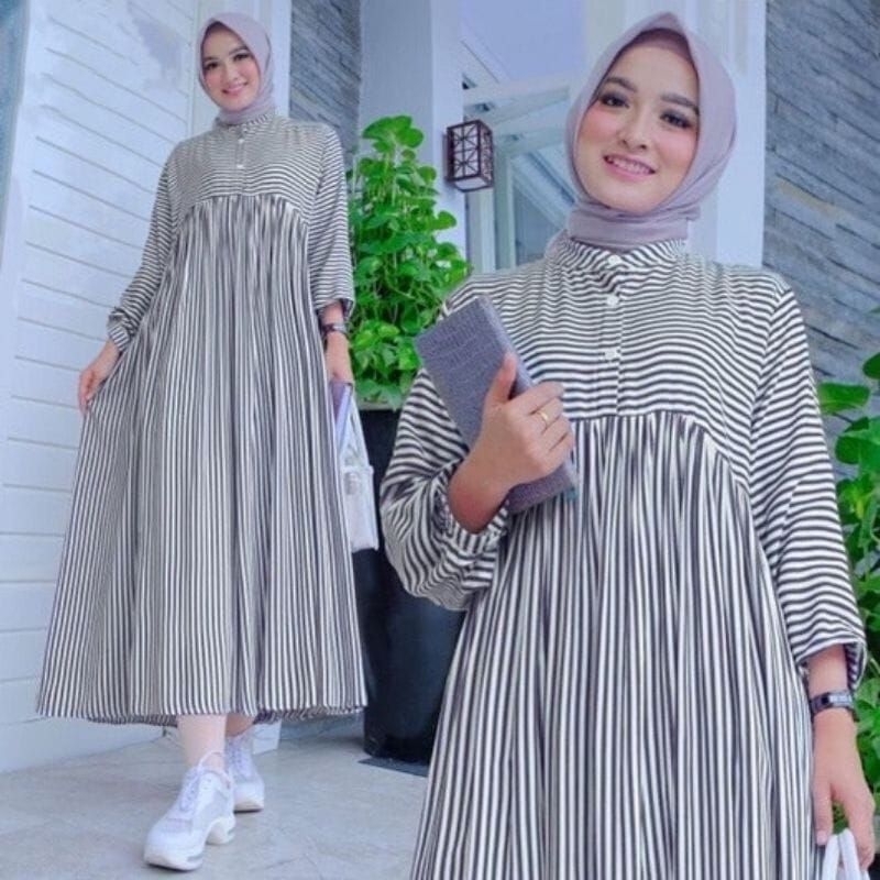 Jual MIDI DRESS WANITA MOTIF SALUR // FASHION MUSLIMAH TERBARU // GAMIS KEKINIAN PREMIUM ...