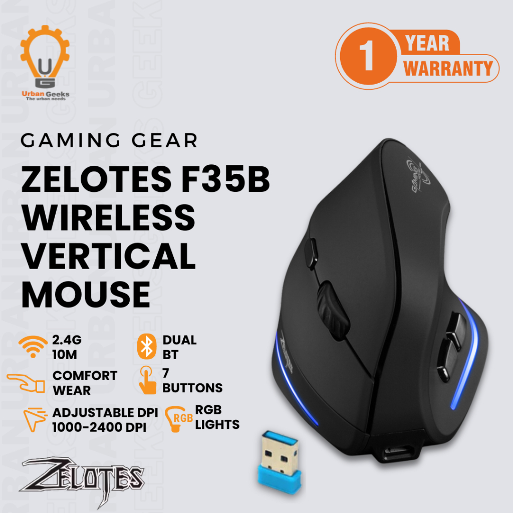 Jual Zelotes F35B Rechargable Ergonomic Vertical Wireless Gaming Mouse ...