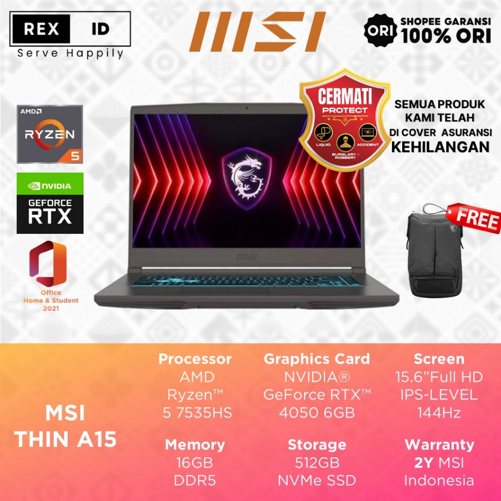 Jual Msi Thin A15 RTX4050 6GB Ryzen 5 7535HS 16GB 512GB 144Hz Windows 11 + Office Home Student ...