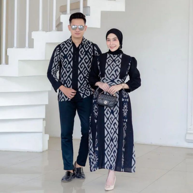 Jual GANDEWA TENUN || Setelan Couple Sarimbit Kemeja dan Dress Tenun Blanket Motif Toraja Hitam ...