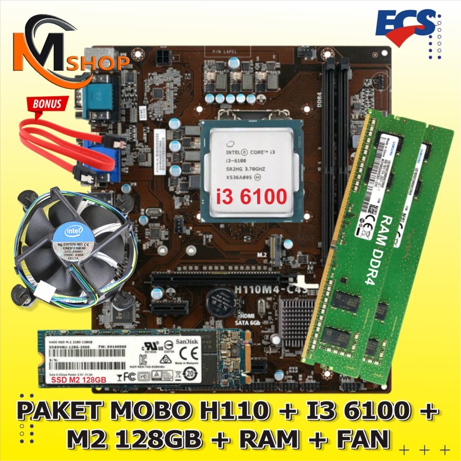 Jual Paket Mainboard Mobo Motherboard H110 LGA 1151+ Processor i3 6100 + SSD M2 128GB + RAM DDR4 ...
