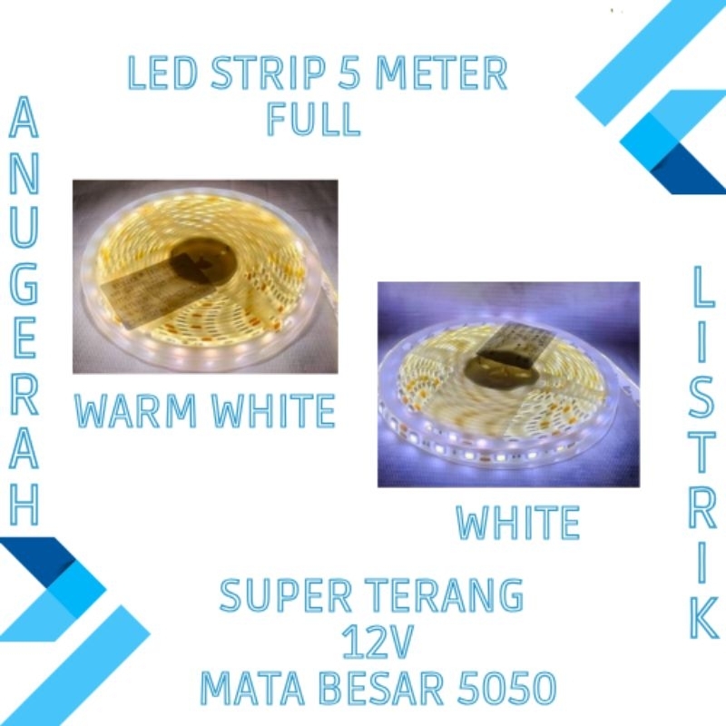 Jual LAMPU LED STRIP LIGHT SMD 5 METER FULL, 12V, IP 33,MATA BESAR 5050 ...