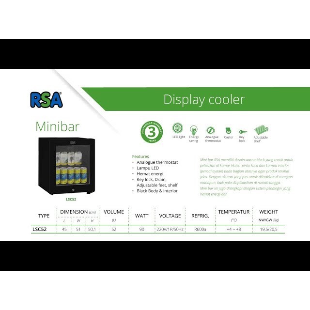 Jual RSA Portable Showcase Display Cooler LSC 52 LSC52 Minibar Garansi ...