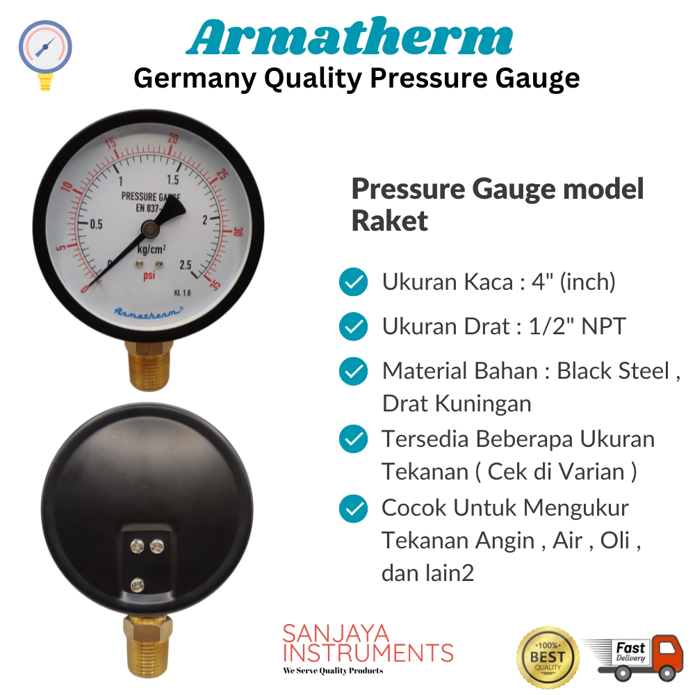 Jual ARMATHERM Pressure Gauge 4 inch 6 , 10 , 16 , 25KG Drat 1/2 ...