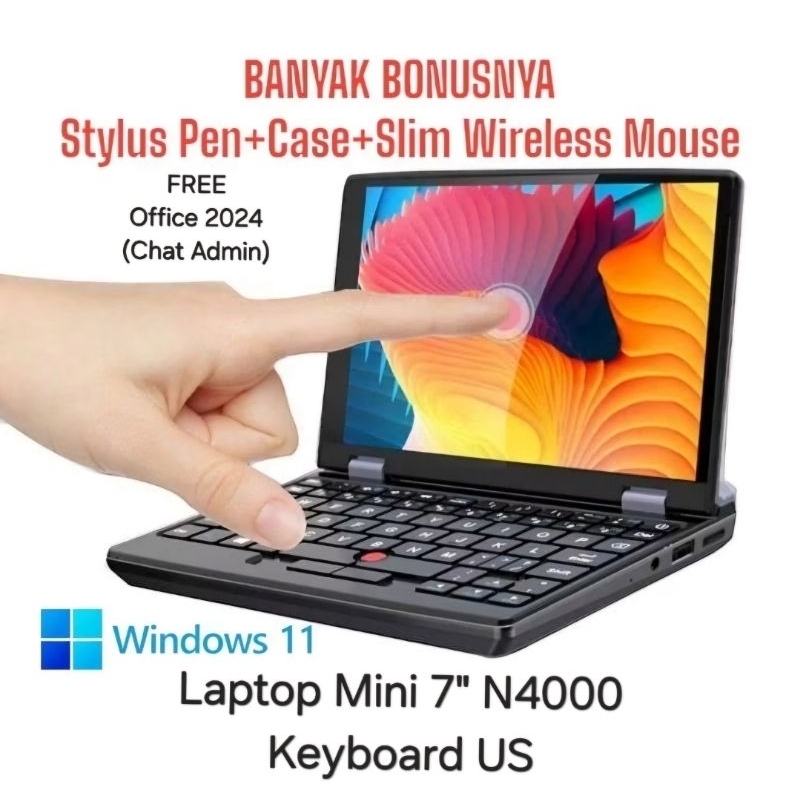 Jual Laptop Mini W7 12/512GB 7" N4000 Touch Keyboard US Windows 11 ...