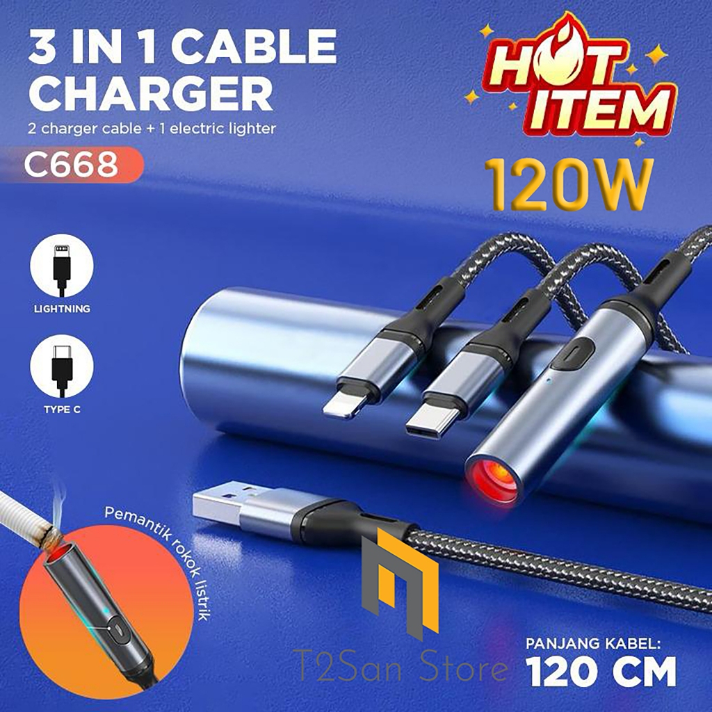 Jual Kabel Charging USB 3 in 1 Lightning - Type C - Pemantik Rokok Listrik Fast Charging 120W ...