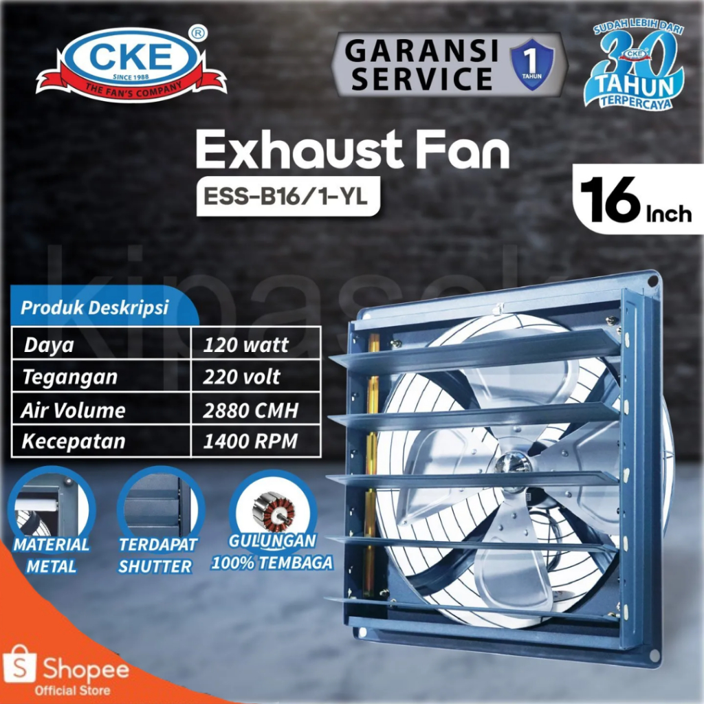 Jual CKE Exhaust Fan Standard with Shutter ESS-B16/1-YL size 16 Inch ...