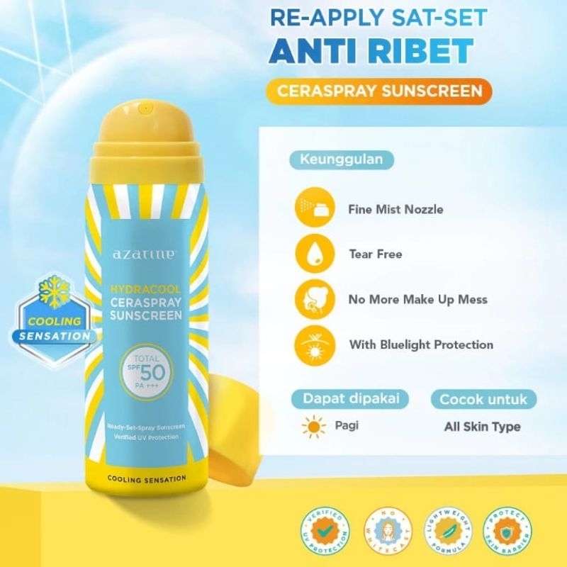 Jual Azarine Hydracool Ceraspray Sunscreen SPF 50 PA+++ 50ml | Shopee ...
