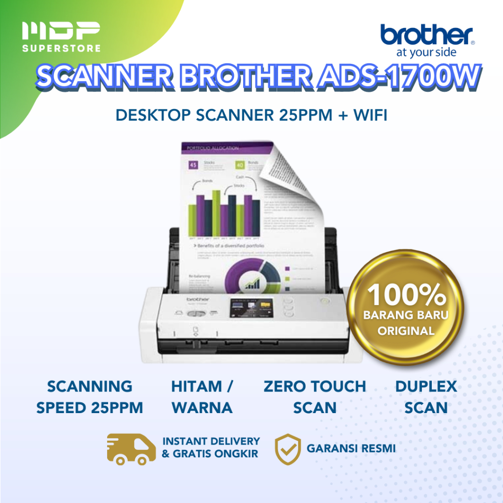 Jual SCANNER BROTHER ADS-1700W (DESKTOP SCANNER 25PPM + WIFI) | Shopee ...