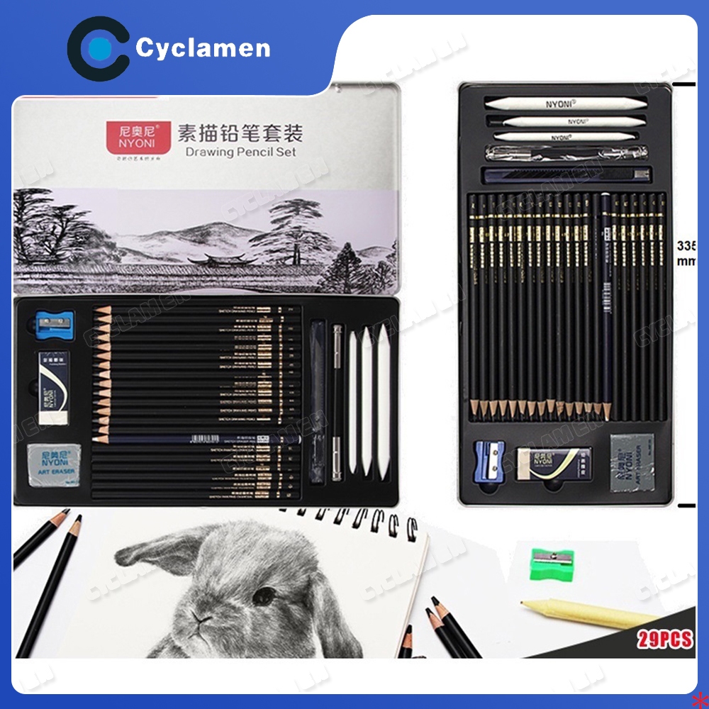 Jual lukisan seni rupa nyoni drawing pencil gambar set 29pcs metal tin ...