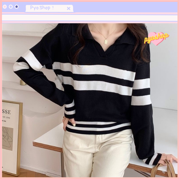 Jual PYOSHOP - Atasan Wanita Knit Motif Salur Kerah V Korea Style | Shopee Indonesia