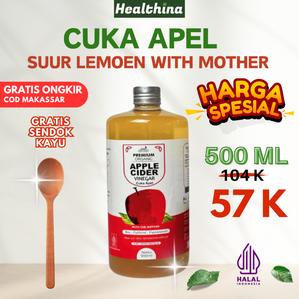 Jual FREE SENDOK KAYU Cuka apel with mother 500ml / Apple cider vinegar ...