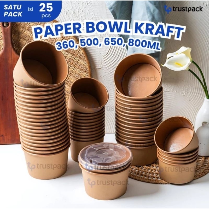 Jual Paper bowl kraft isi 25 coklat laminasi / mangkok kertas + tutup. Paper Bowl Coklat ...