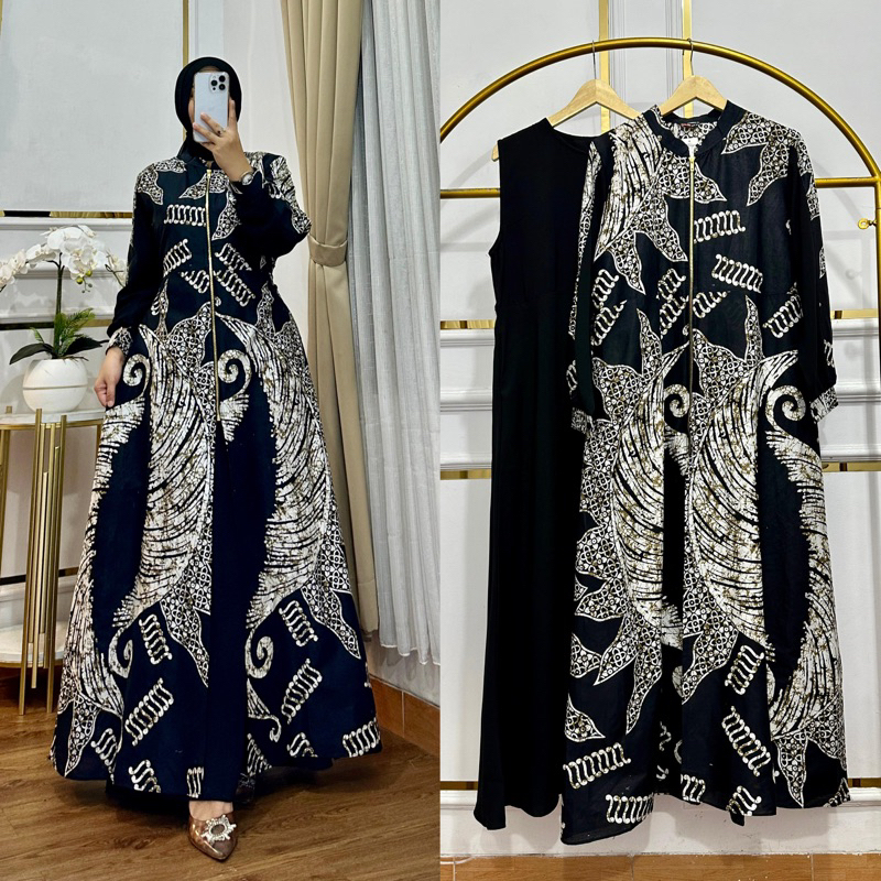 Jual gamis Batik katun mix jetblack Outer terpisah ziper depan Model nya cantik pake banget ...