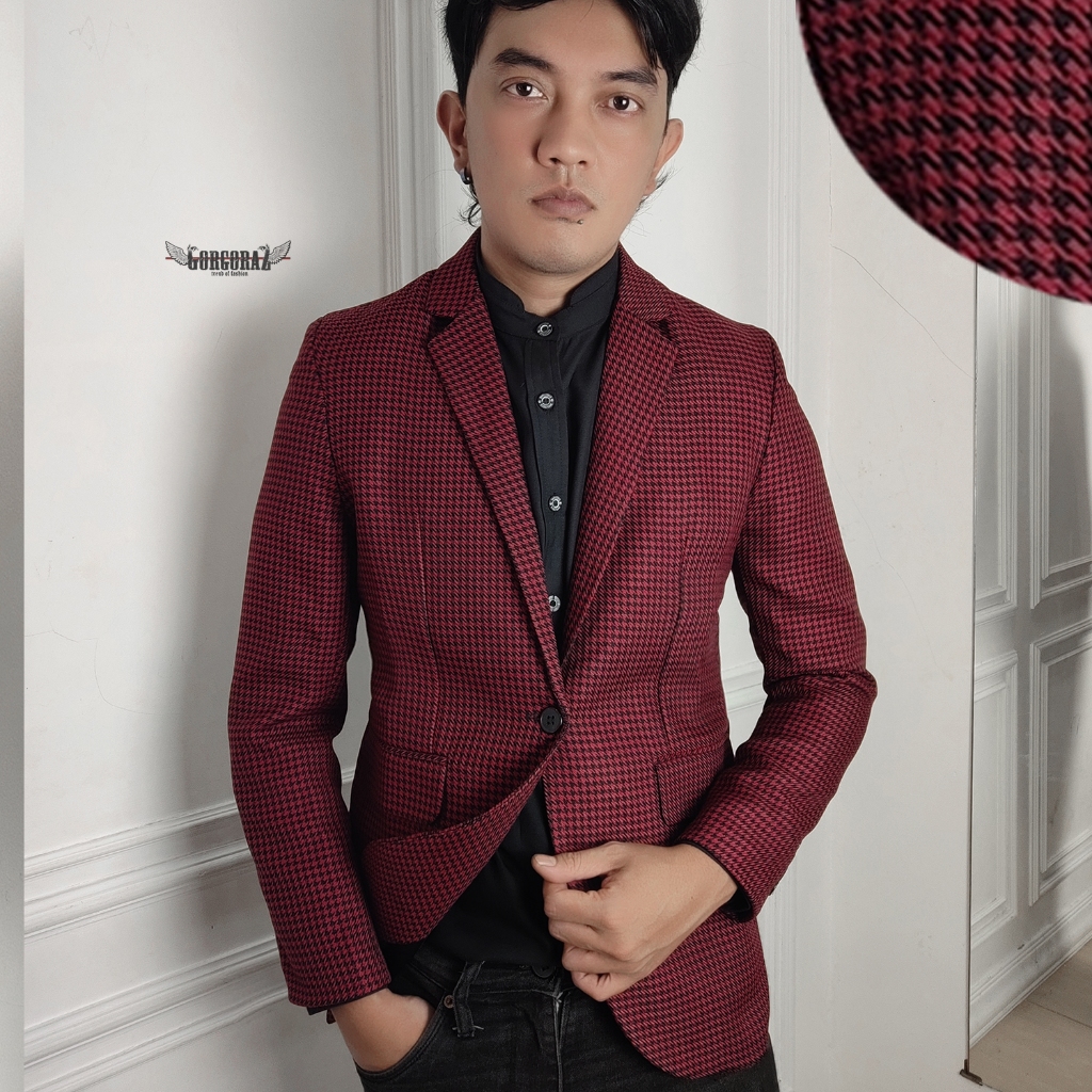 Jual blazer pria jas pria kotak kotak tartan merah maroon slimfit ...