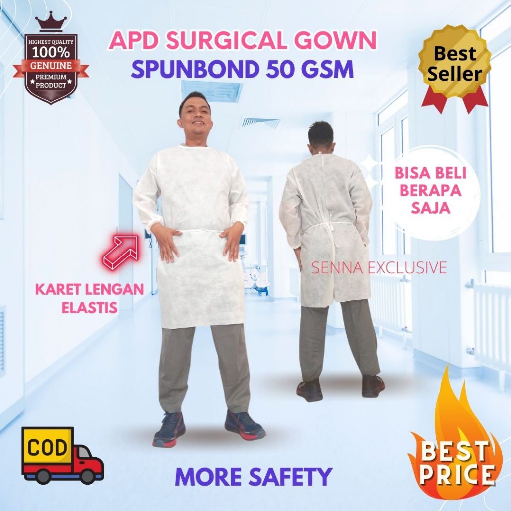 Jual Gown disposable 50GSM medis surgical PUTIH apd hazmat coverall ...