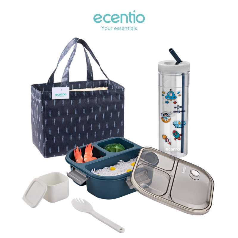 Jual ecentio kotak makan anti tumpah 3 grid 1100ml /lunch box set tempat bekal makan tas bekal ...