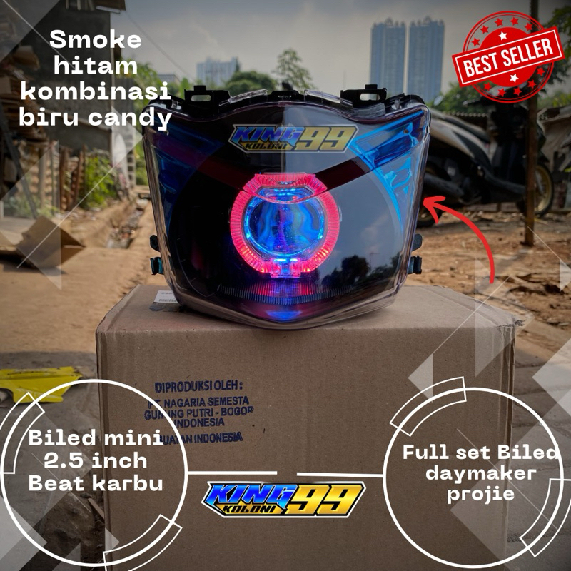 Jual Biled mini beat karbu smoke hitam biru full set reflektor 2.5 inch ...