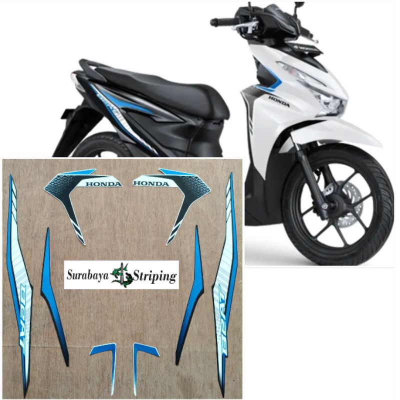Jual Striping sticker Honda Beat putih hitam Lis biru tahun 2024 ...