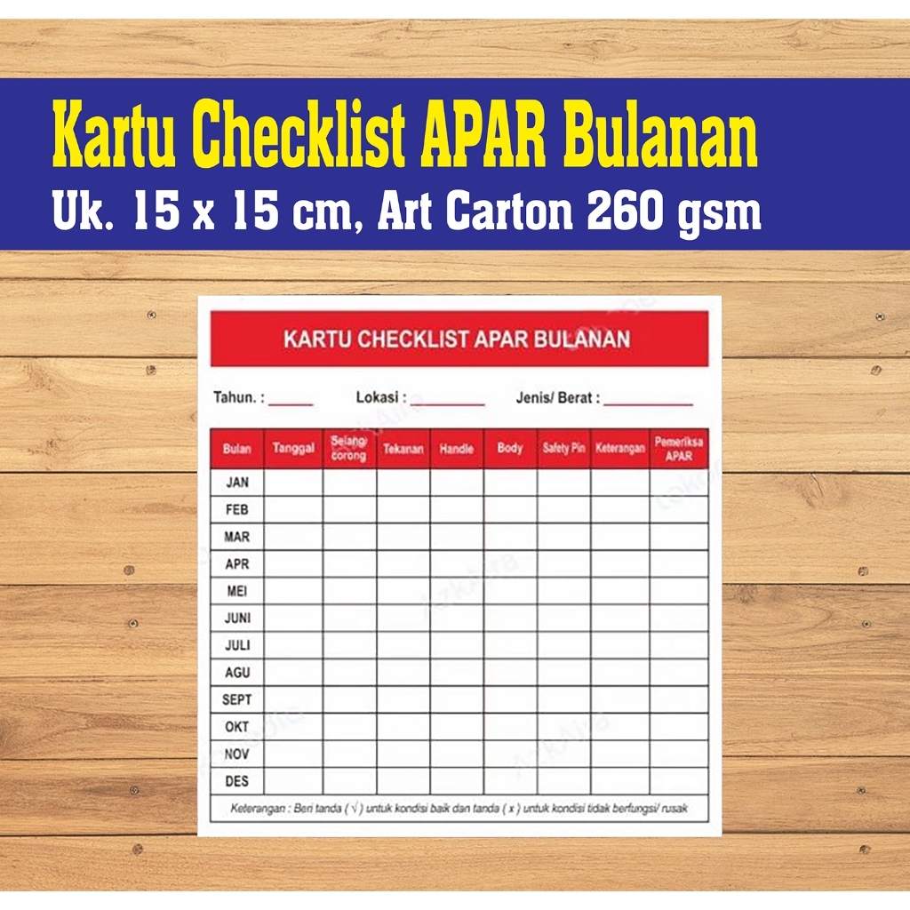 Jual Kartu Checklist l Ceklis APAR Bulanan Uk. 15 x 15 CM | Shopee ...