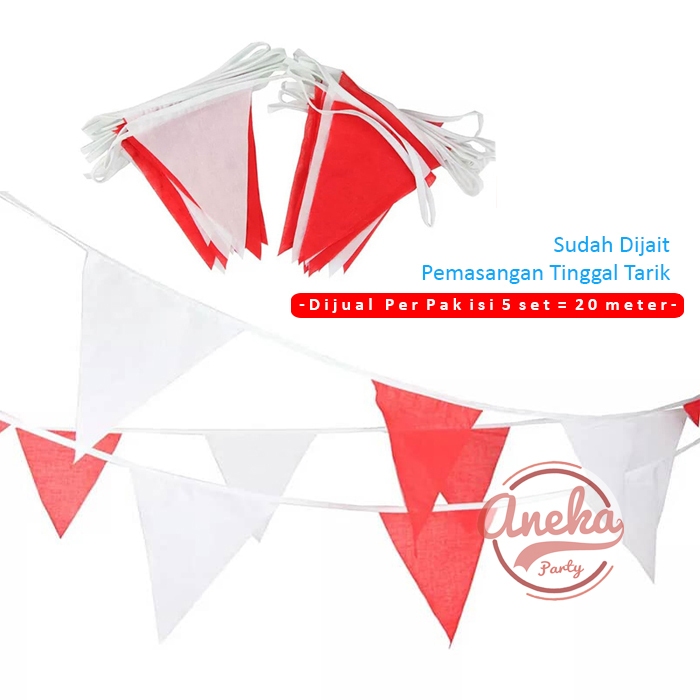 Jual isi 5 set bendera kain polyester segitiga merah putih 20 meter ...
