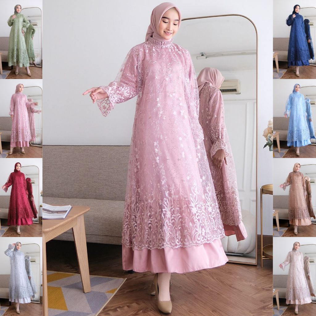 Jual (ZXC) 2in1 Gamis Fasha Inner + Outer Brukat Tile Bordir Mutiara Mewah / Dress Pesta Brokat ...