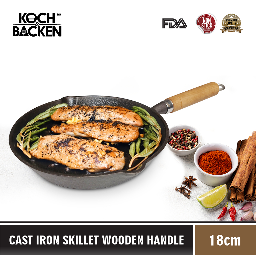 Jual KOCH&BACKEN Cast Iron Skillet Fry Pan Wooden Handle 18 cm ...