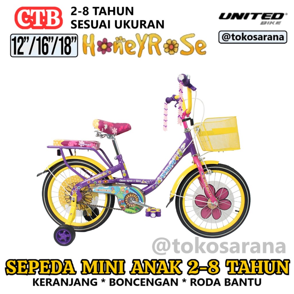 Jual 12" 16" 18" United Honeyrose Twist CTB 2-8 Tahun Low-Step Frame Sepeda Anak Perempuan ...