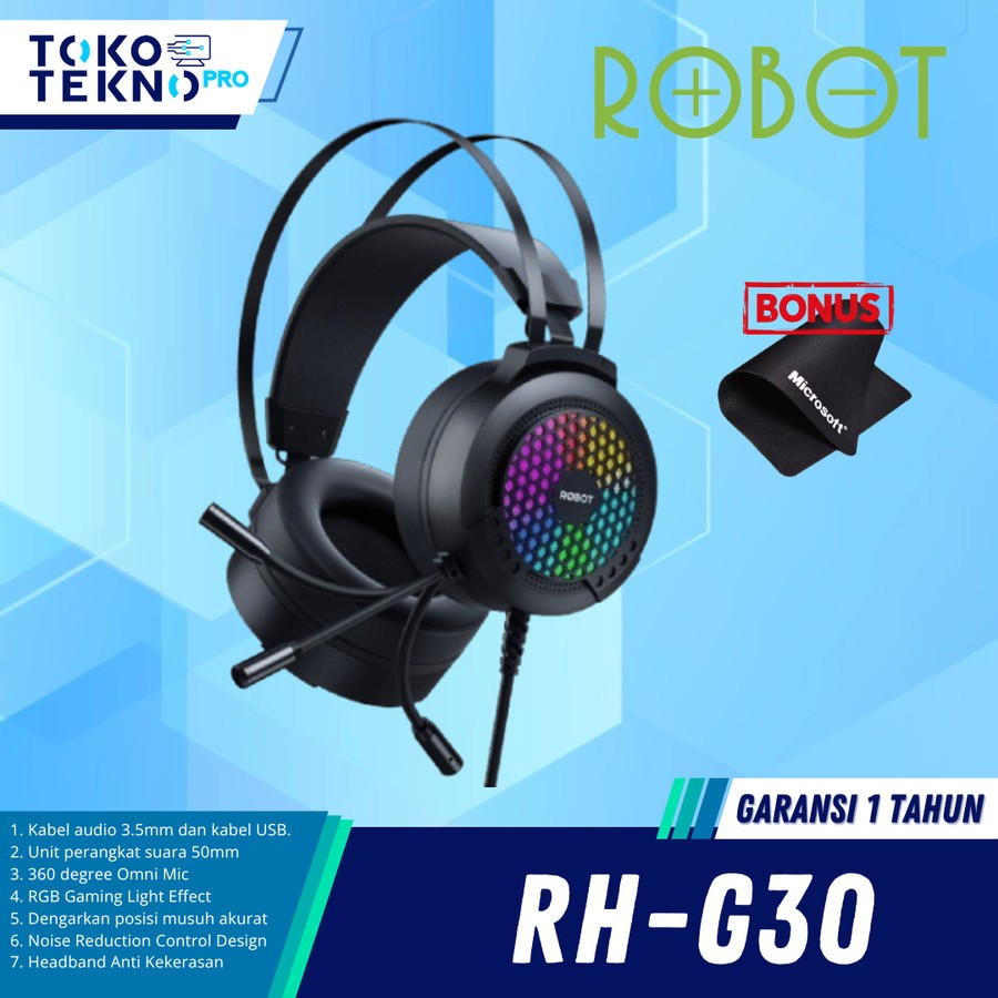Jual Robot RHG30 / RH G30 / RH-G30 Headphone Gaming Mic 3.5mm USB RGB ...