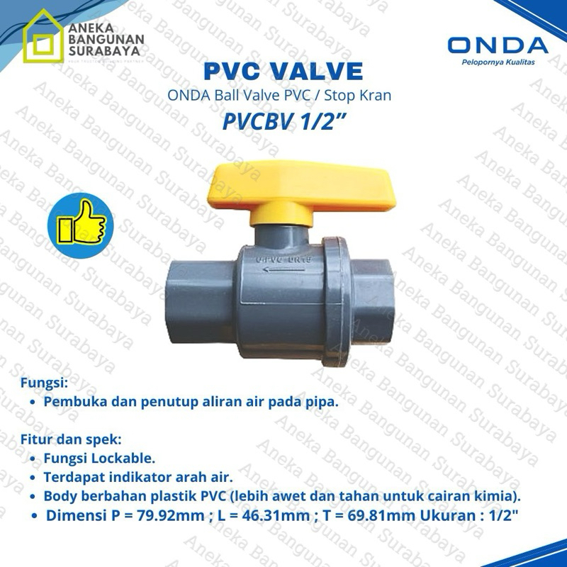 Jual Ball Valve PVC ONDA PVCBV Polos stop kran plastik ballvalve 1/2” 3/4” 1” 1 1/2” 1 3/4” 2 ...