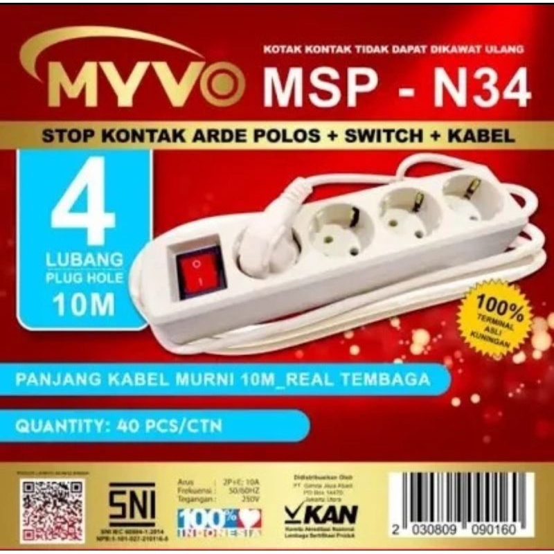 Jual Stop Kontak Kabel 4 Lubang 10 Meter SNI Myvo N34 - 10M | Shopee Indonesia