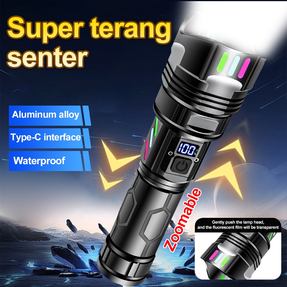 Jual 【Ready stock】Lamp Senter LED Super Terang Jarak Jauh Type-C charging Zoomable Tahan Air ...