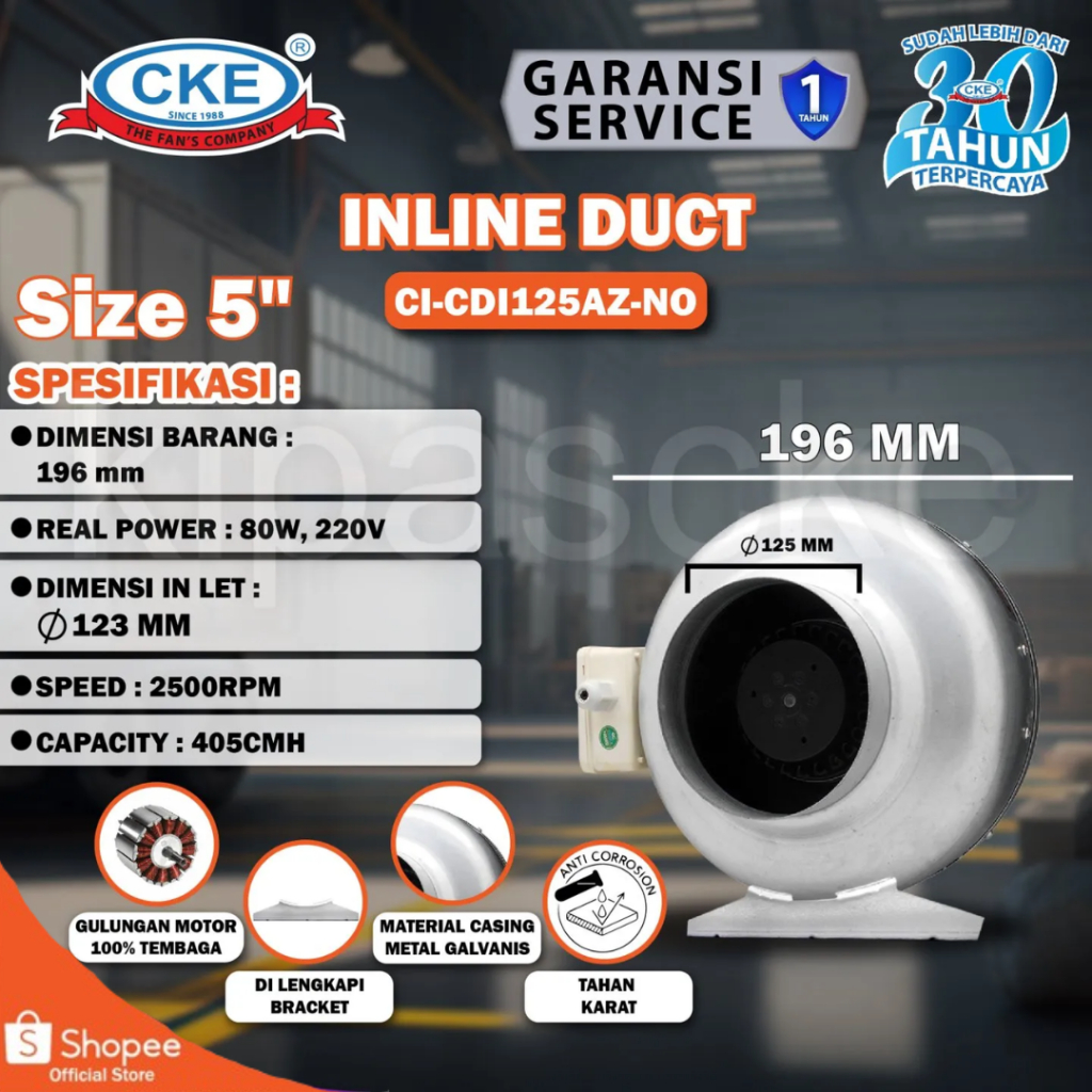 Jual CKE Inline Duct CI-CDI125AZ-NO ukuran 5 Inch 80W 2500 RPM 220V ...