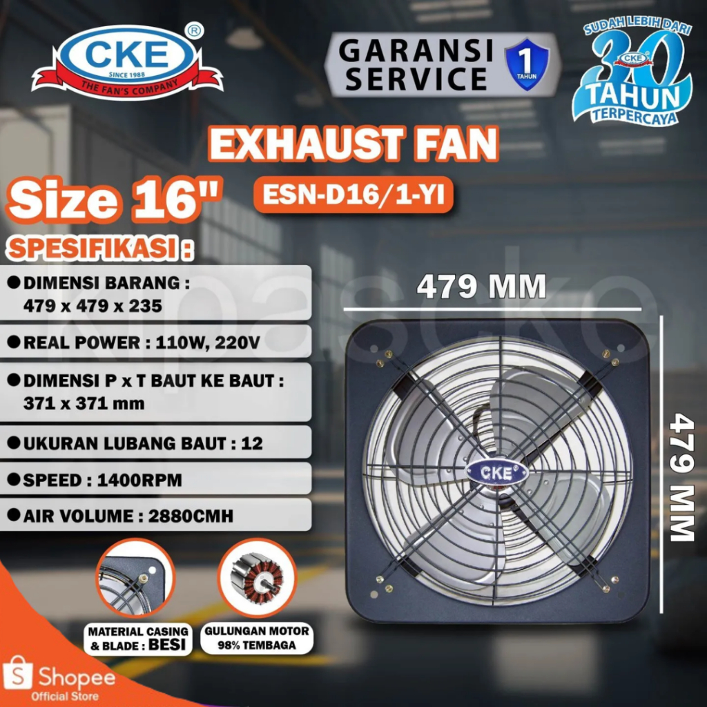 Jual CKE Exhaust Fan Standard DBN ESN-D16/1-YL ukuran 16 inch 110W 220V ...