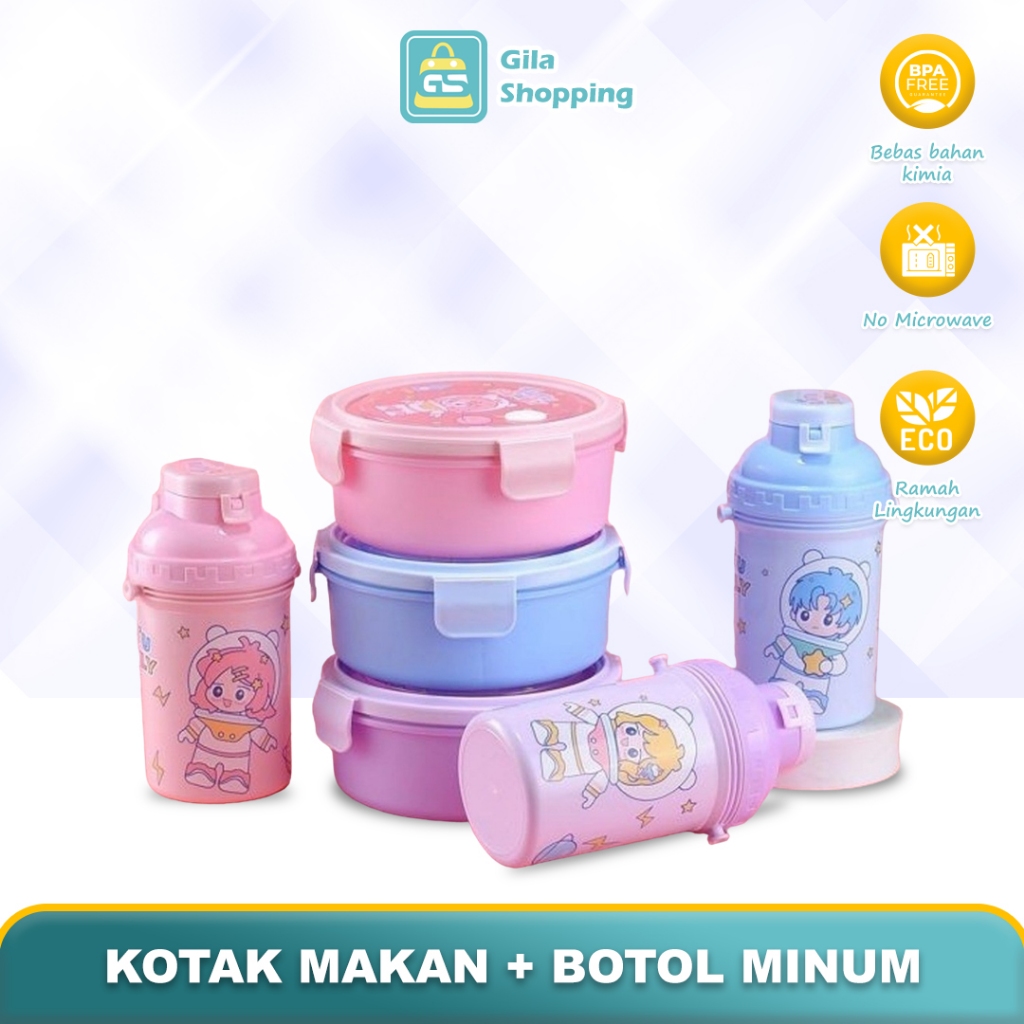 Jual Kotak Makan + Botol Minum 3120 Lucu Free Sendok & Garpu | Lunch Box | Wadah Bekal Anak ...