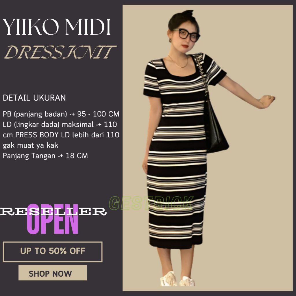 Jual Yiiko Midi dress knit bergaris rajutan korea dres rajut wanita -# ...