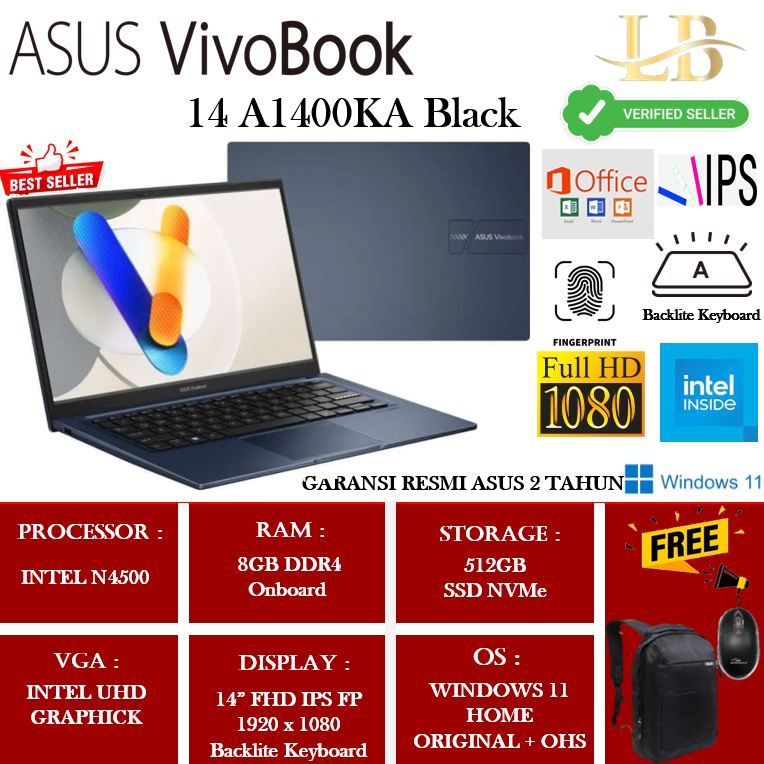 Jual Laptop Asus Vivobook 14 A1400KA Intel N4500 8GB 512GB SSD 14"FHD ...