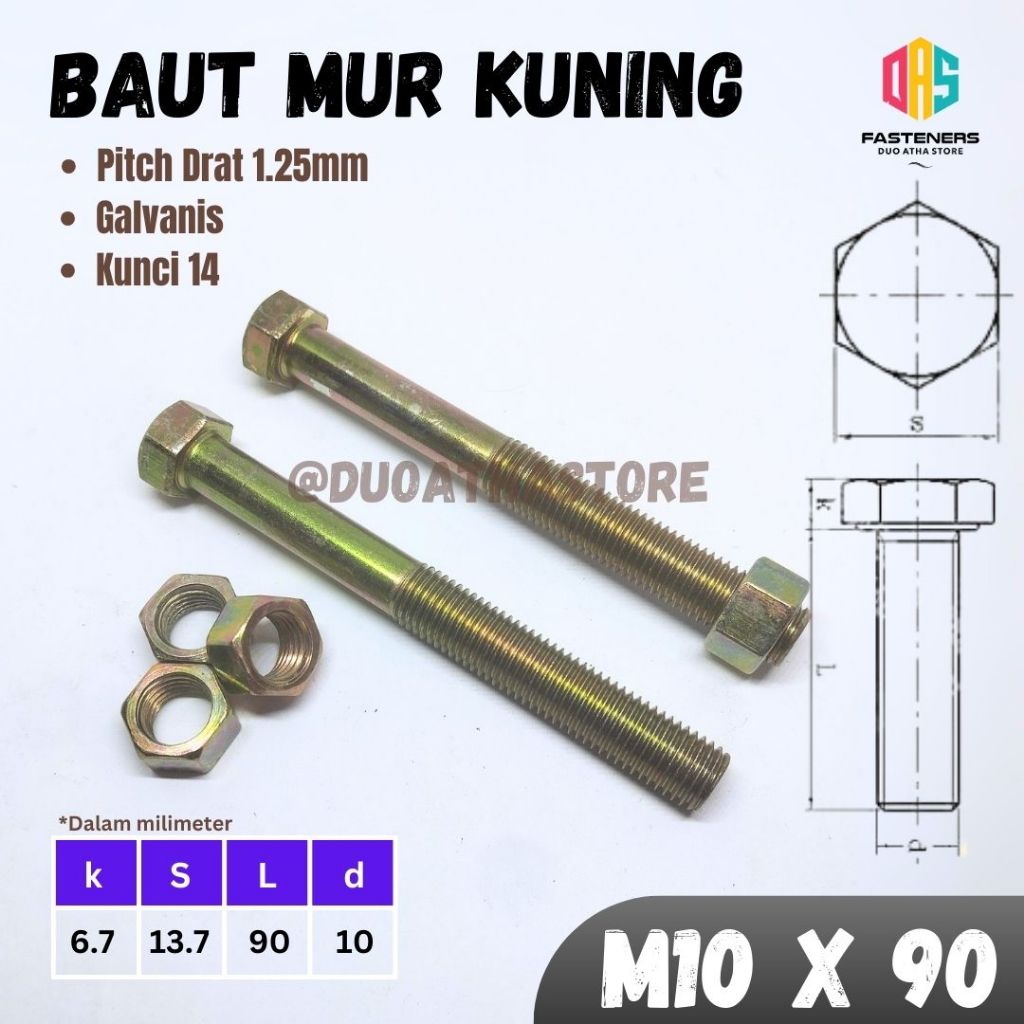 Jual Baut Mur Kuning M10x90 / BMK M10 x 90 Kunci 14 Half Drat | Shopee Indonesia
