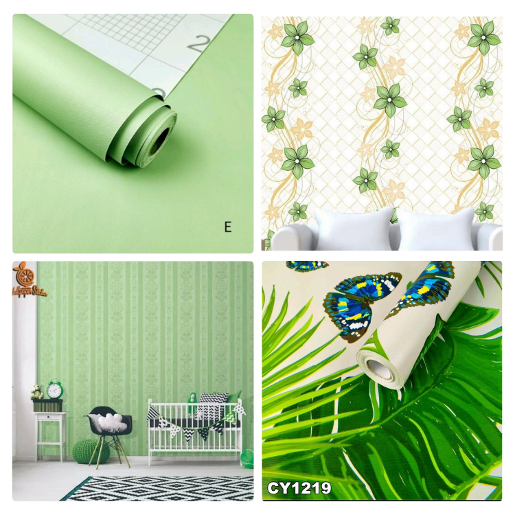 Jual Walpaper Dinding Kamar Tidur Warna Hijau Wallpaper Sticker Dinding Motif Garis Salur Daun ...