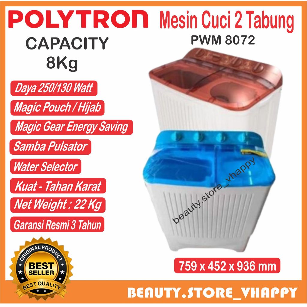 Jual Mesin Cuci 2 Tabung POLYTRON PWM 8072 8 KG HIJAB Low Watt (Kota ...