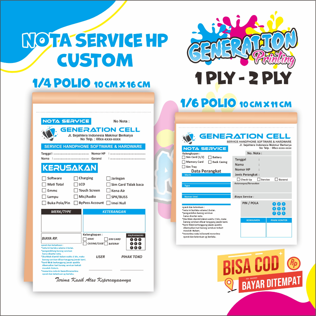 Jual NOTA BON SERVICE HP PONSEL CUSTOM FREE DESAIN 1/4 POLIO NAMA TOKO ...