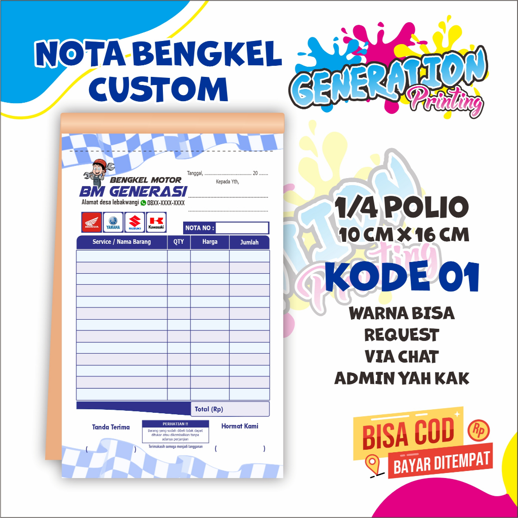 Jual NOTA BON BENGKEL CUSTOM FREE DESAIN 1/4 POLIO BEBAS GANTI NAMA ...