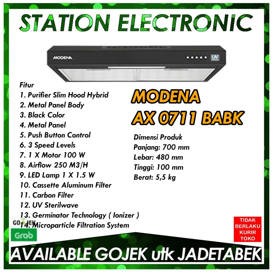 Jual MODENA AX0711BABK Purifier Slim cooker hood Hybrid AX 0711 BABK 70cm penghisap asap dapur ...