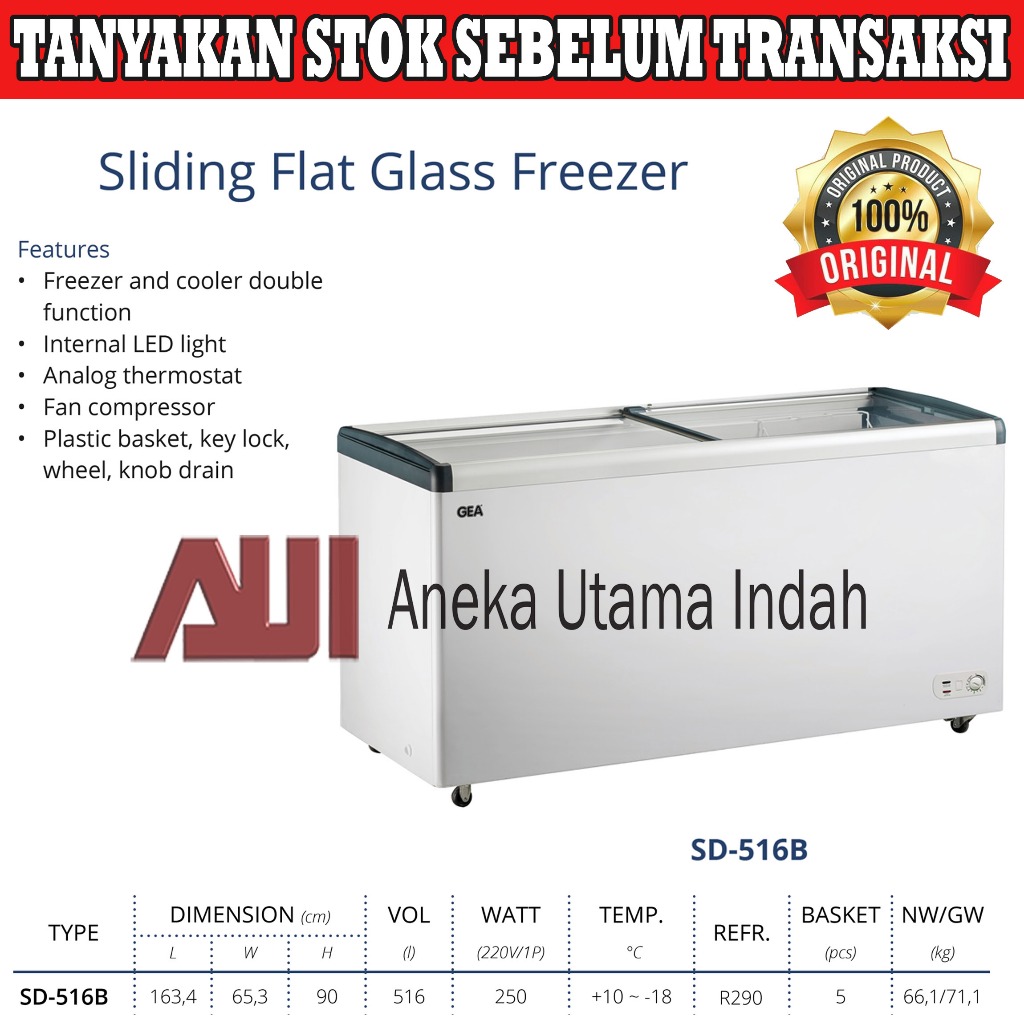 Jual Gea SD-516B SD516B Sliding Flat Glass Freezer Kaca Datar - Freezer ...