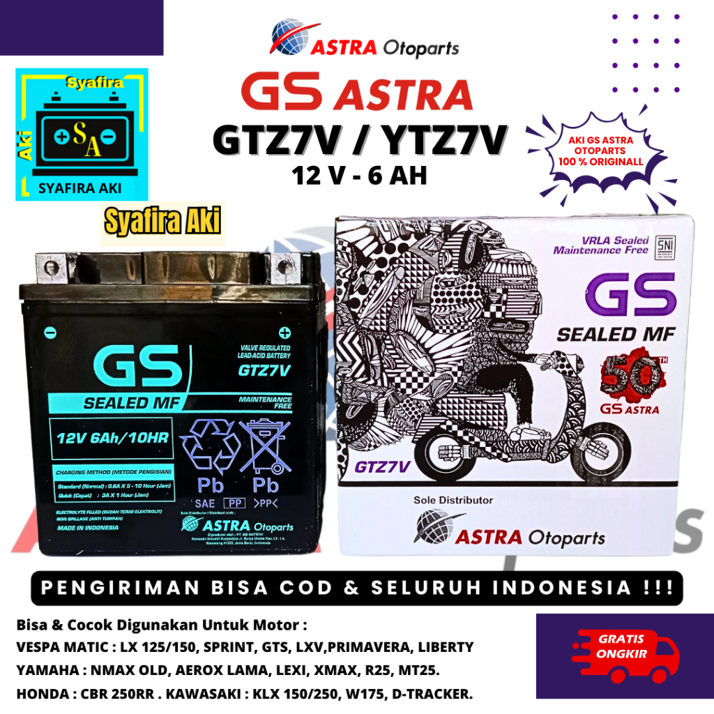 Jual AKI GS ASTRA GTZ7V N-MAX LAMA OLD, AEROX LAMA, PCX, LEXI MF 6Ah ...