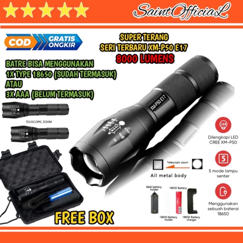 Jual Paket Senter LED Baterai+Charger+Box E-17 XM-P50 8000 / T6 3800 ...