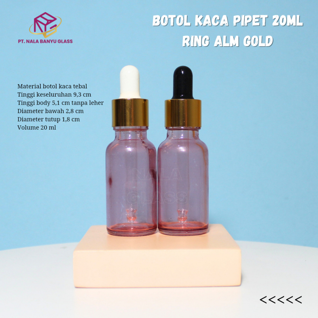Jual botol kaca pipet 20ml pink clear tebal - ring almunium gold ...